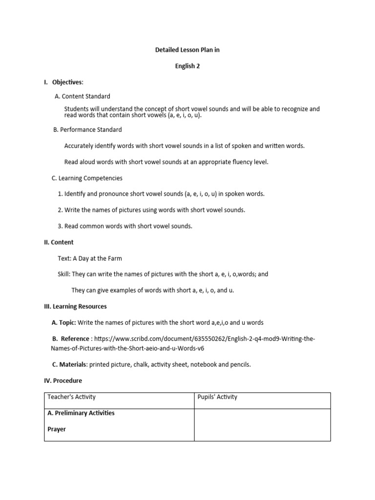 Short Vowel Sounds Lesson Plan | PDF | Word | Prayer