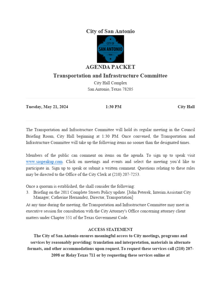 Transportation and Infrastructure Committee Briefing On Complete ...