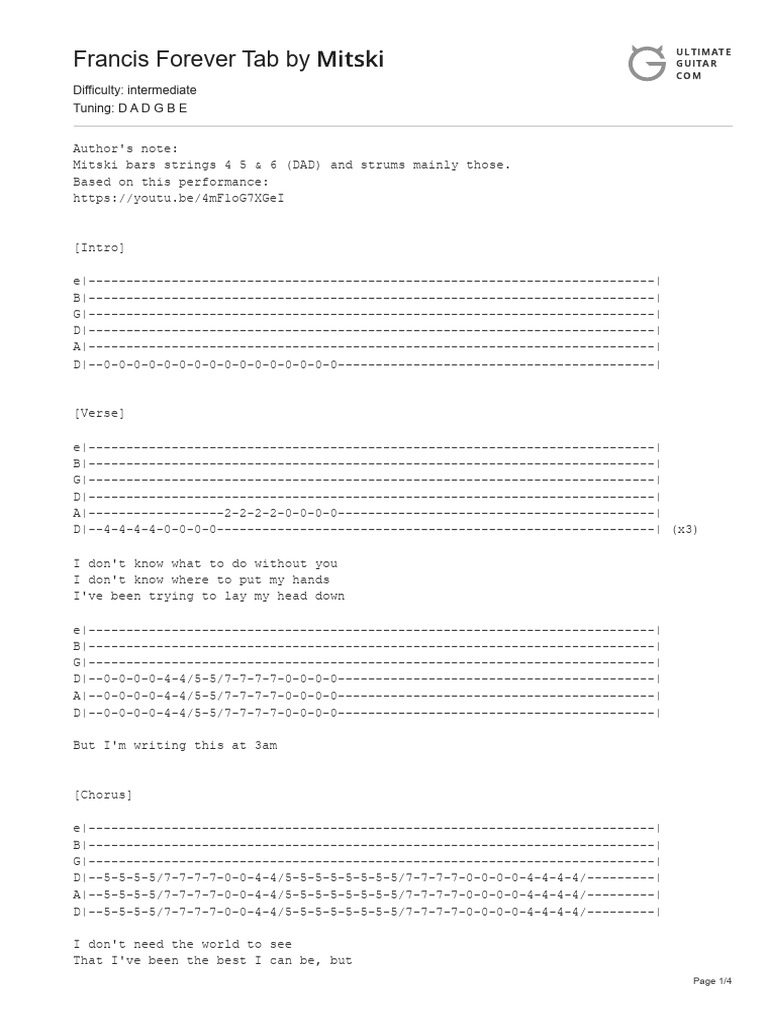 Mitski: Francis Forever Guitar Tabs | PDF | Songs | Guitar Family ...
