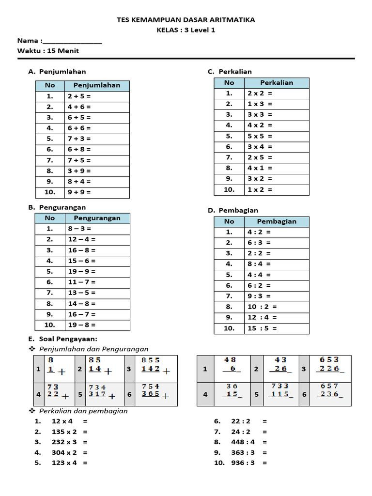 Tes Kemampuan Dasar Aritmatika Kelas 3 | PDF