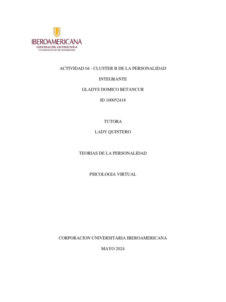 ACTIVIDAD 04 - CLUSTER B DE LA PERSONALIDAD | PDF | Trastorno mental ...