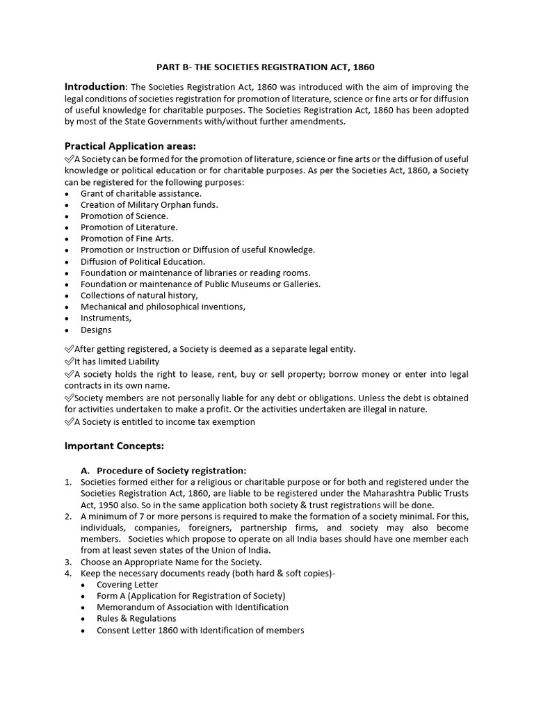 Societies Registration Act 1860 Guide | PDF | Cooperative | Charitable ...
