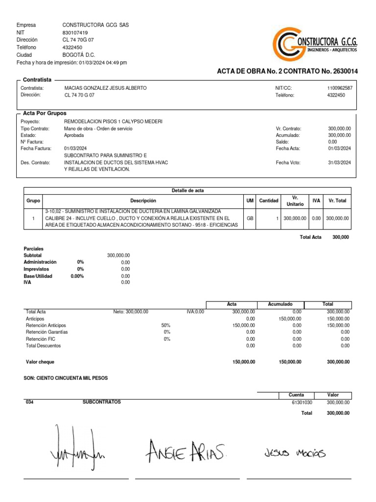 Sinco ERP - CONSTRUCTORA GCG SAS - ACTA DE CORTE 2 CONTRATO # 2630014 ...