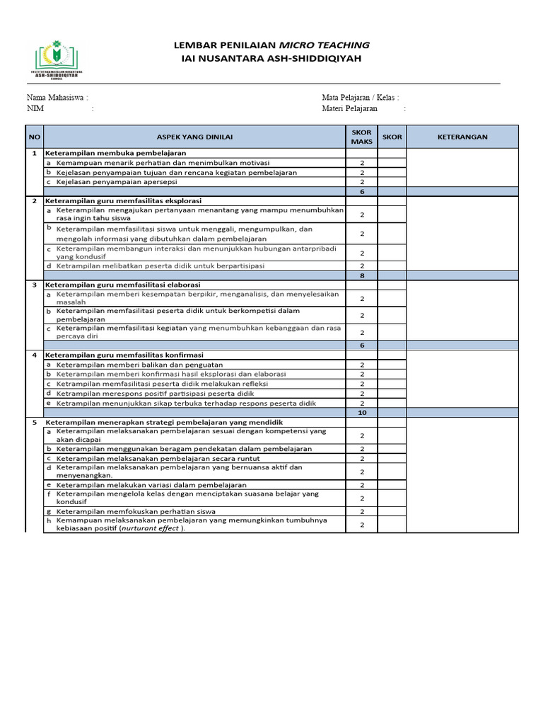 Lembar Penilaian Micro Teaching Fik | PDF