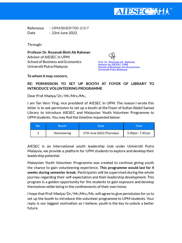 Permission Letter To Set Up Booth | PDF