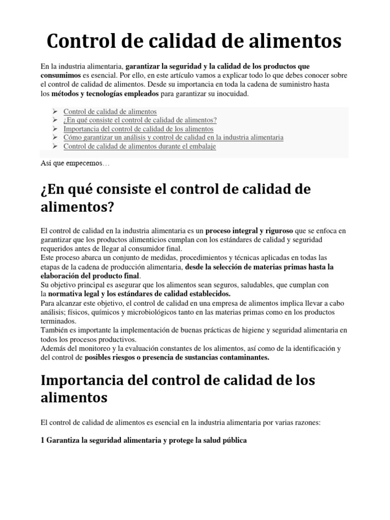 Control de Calidad en Alimentos: Guía Esencial | PDF | Alimentos ...