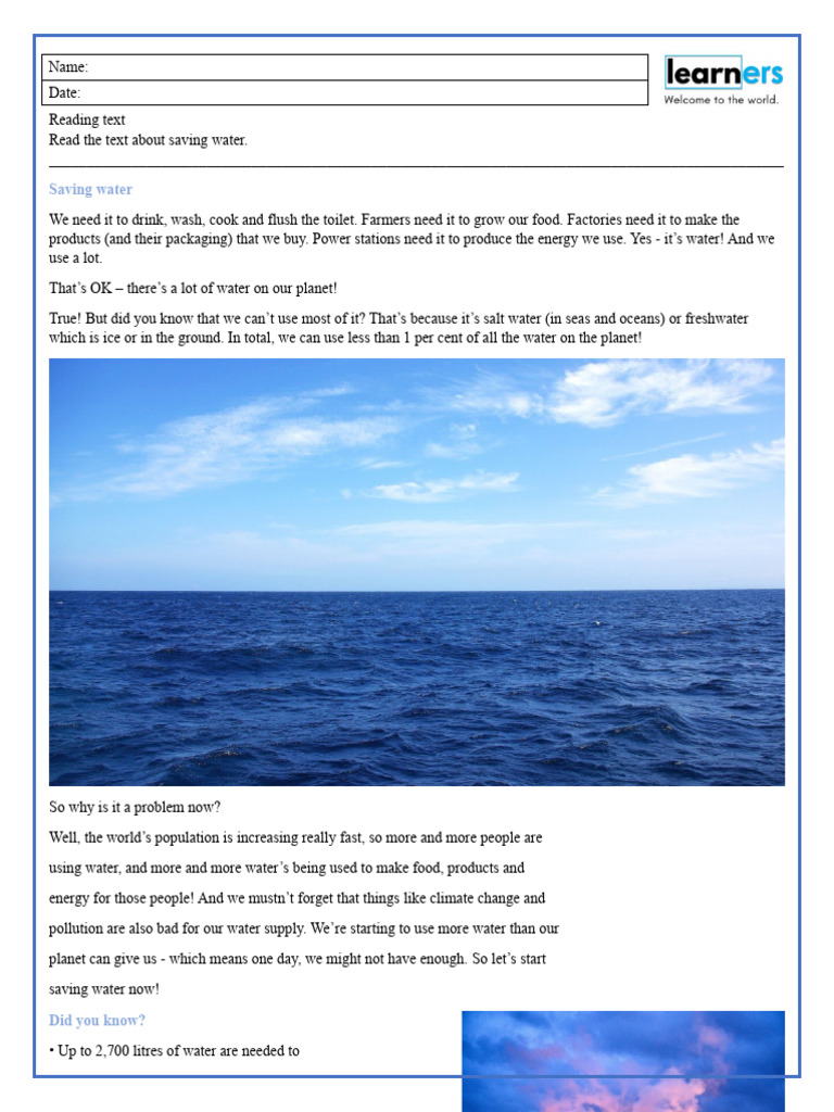 Saving Water Reading Comprehension | PDF | Home & Garden | Wellness