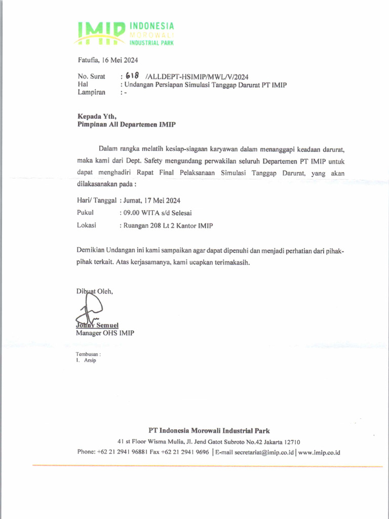 Safety - Undangan Simulasi Tanggap Darurat PT - Imip | PDF