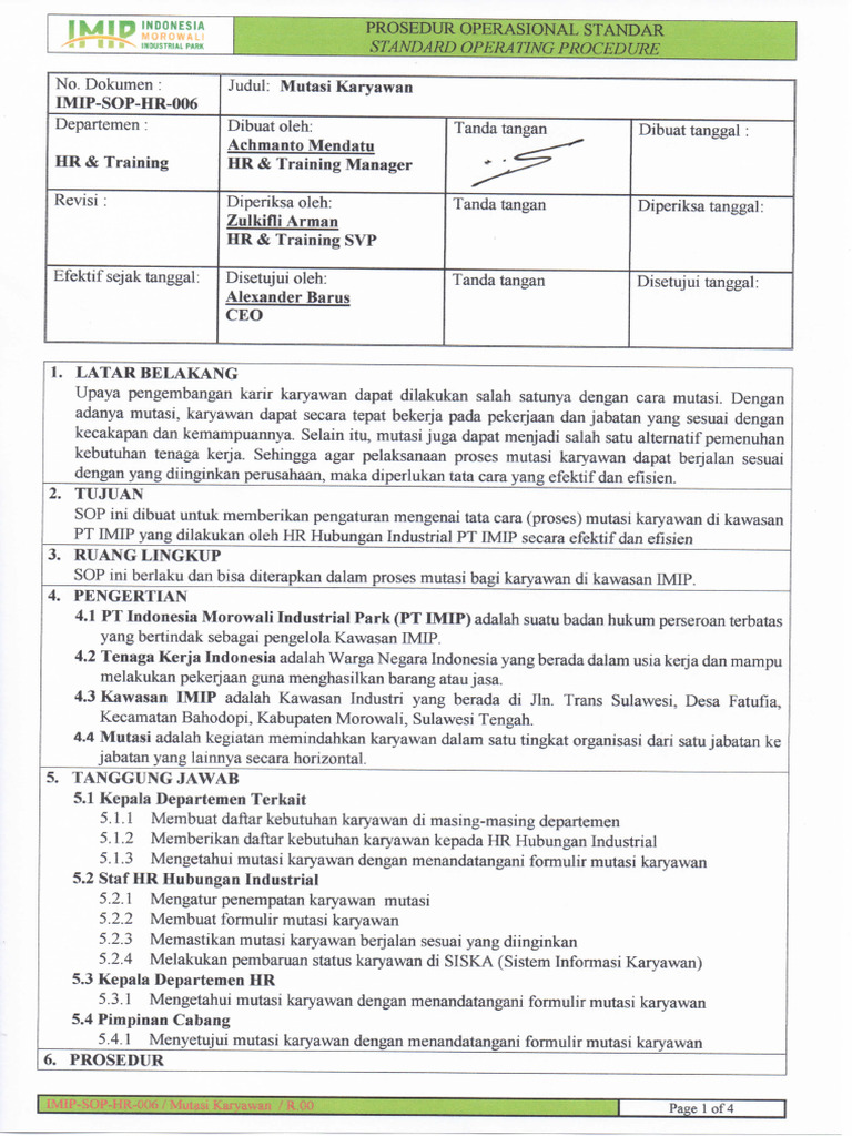 Prosedur Mutasi Karyawan IMIP | PDF