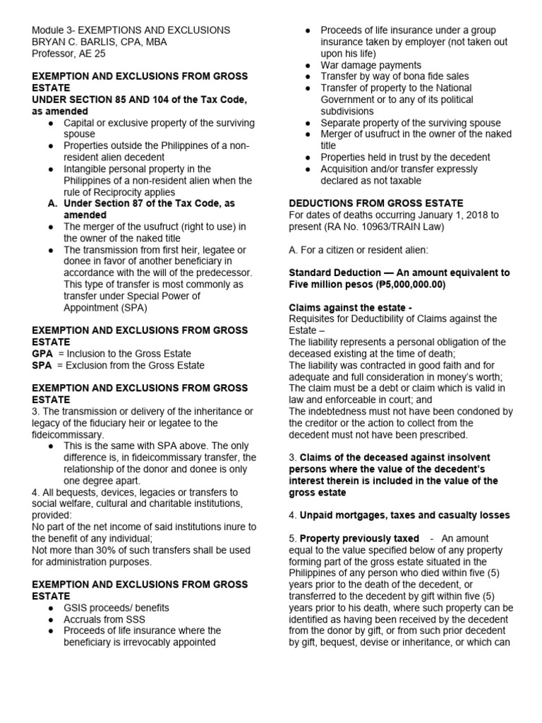 Module 3 - EXEMPTIONS AND EXCLUSIONS | PDF | Tax Exemption | Estate Tax ...