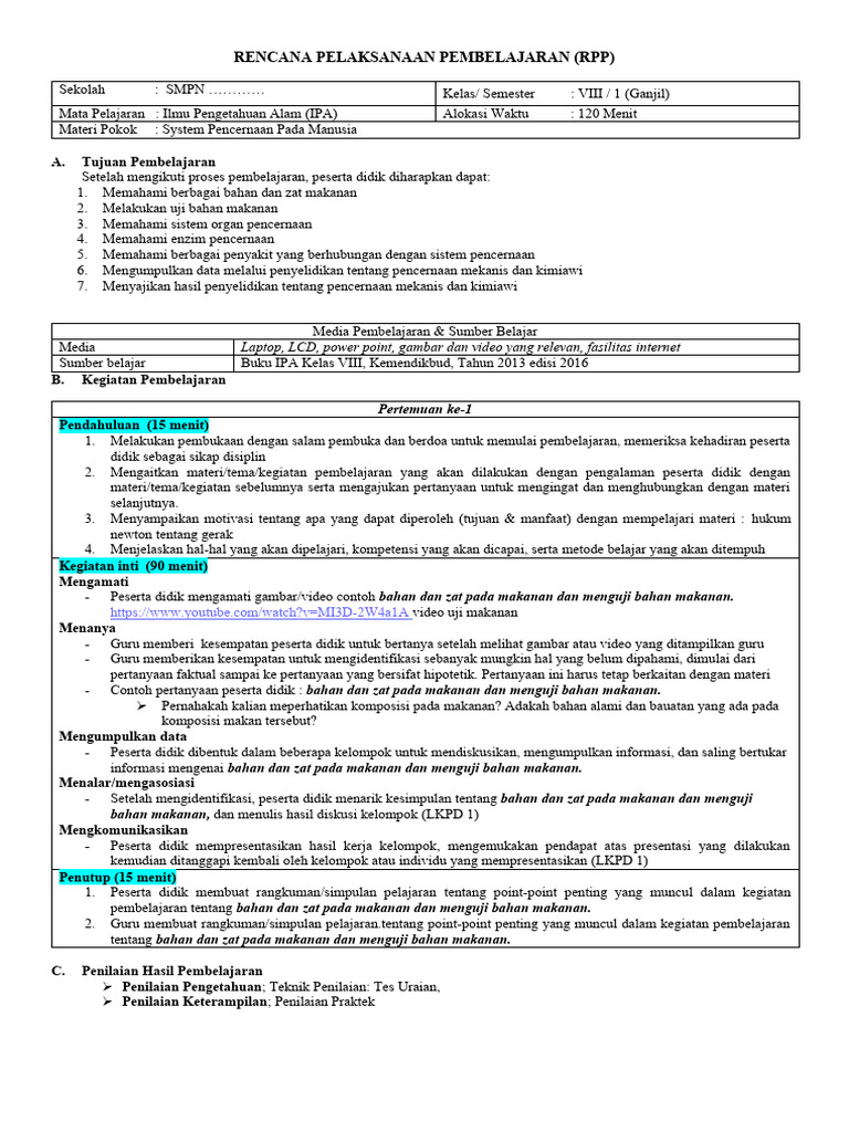 RPP Sistem Pencernaan Manusia Kelas VIII | PDF | Kesehatan Holistik ...