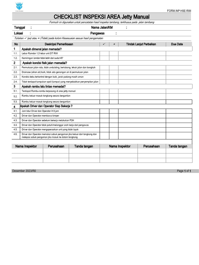 Form Inpeksi Area Jetty Manual | PDF