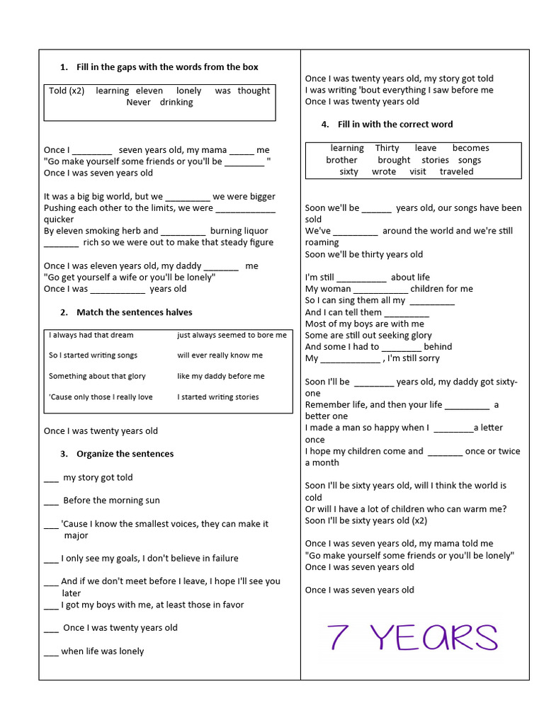 Song Lyric 7 Years by Lukas Graham Worksheet Activities | PDF