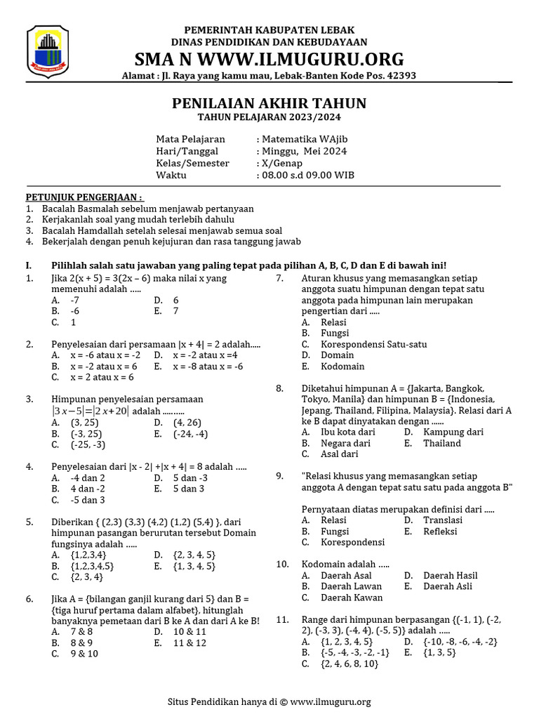 Soal PAT Matematika Kelas X 2024 | PDF | Metode & Bahan Ajar