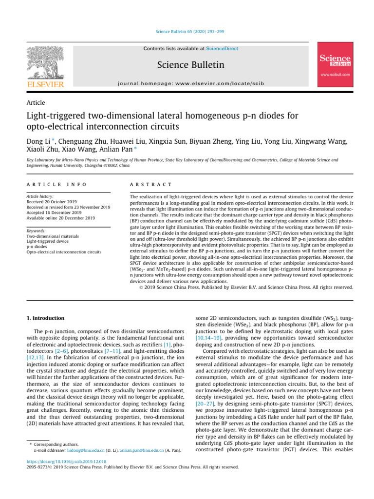 Light-Triggered Two-Dimensional Lateral Homogeneous P-N Diodes For Opto-Electrical ...