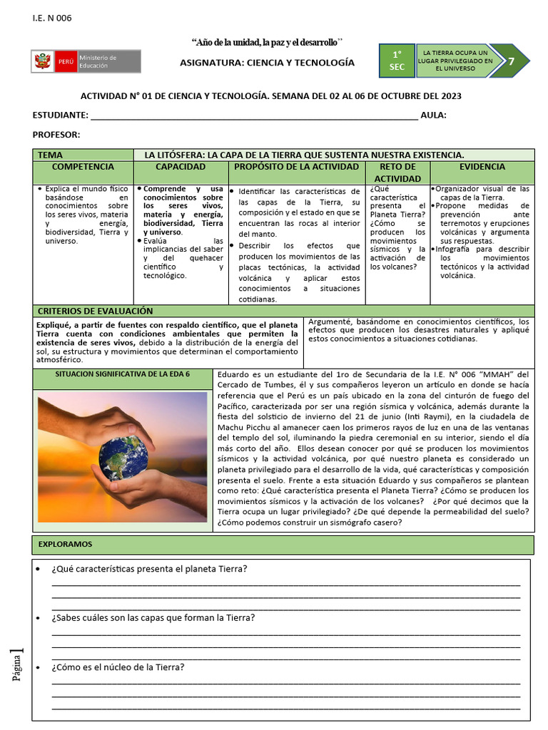 1° SEC. EDA 6 SEMANA 1 Explica CYT 2023 La Litósfera, La Capa de la Tierra | PDF | Tierra ...
