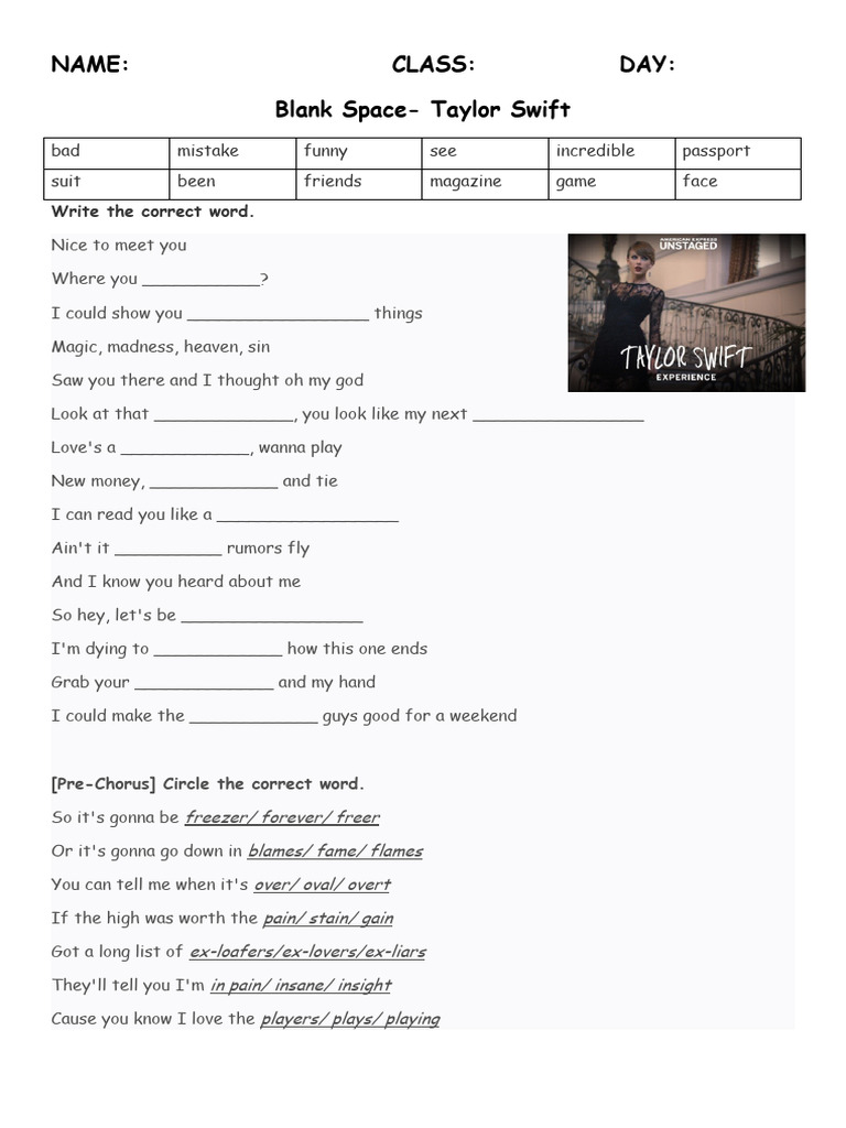 Song Lyric Blank Space by Taylor Swift | PDF