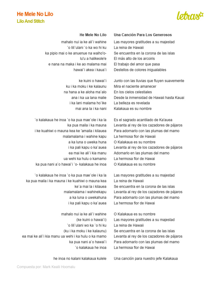 HE MELE NO LILO (TRADUCCIÓN) - Lilo and Stitch | PDF