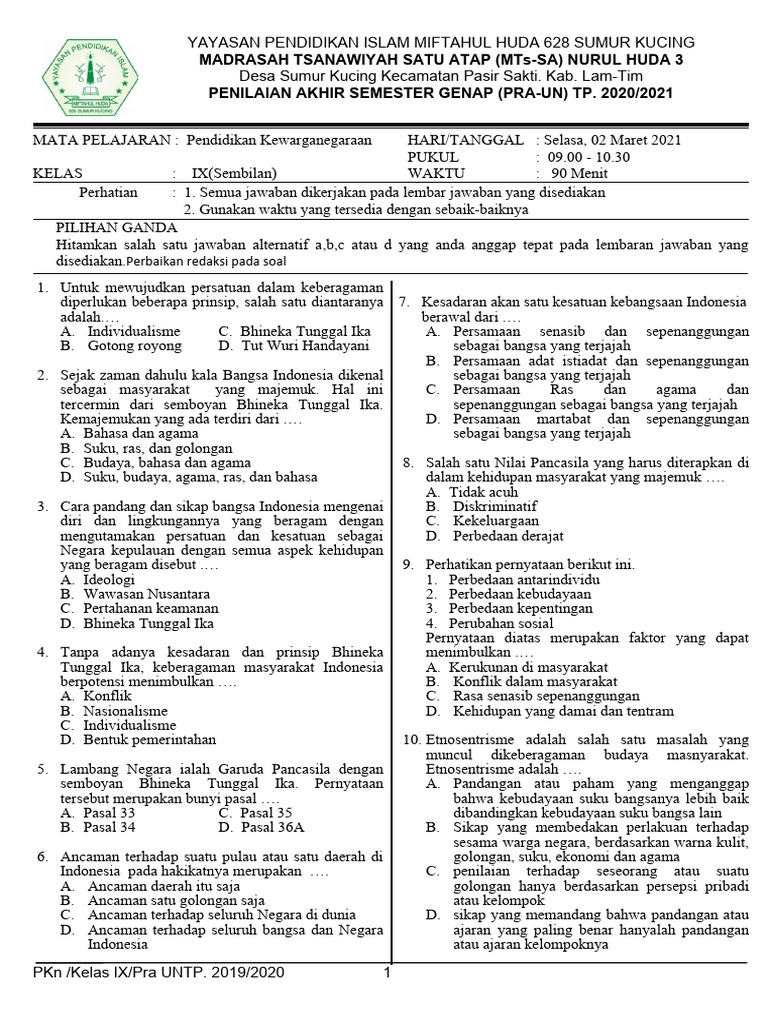 NASKAH SOAL PKN PRAUN TP. 2019-2020 | PDF | Sejarah
