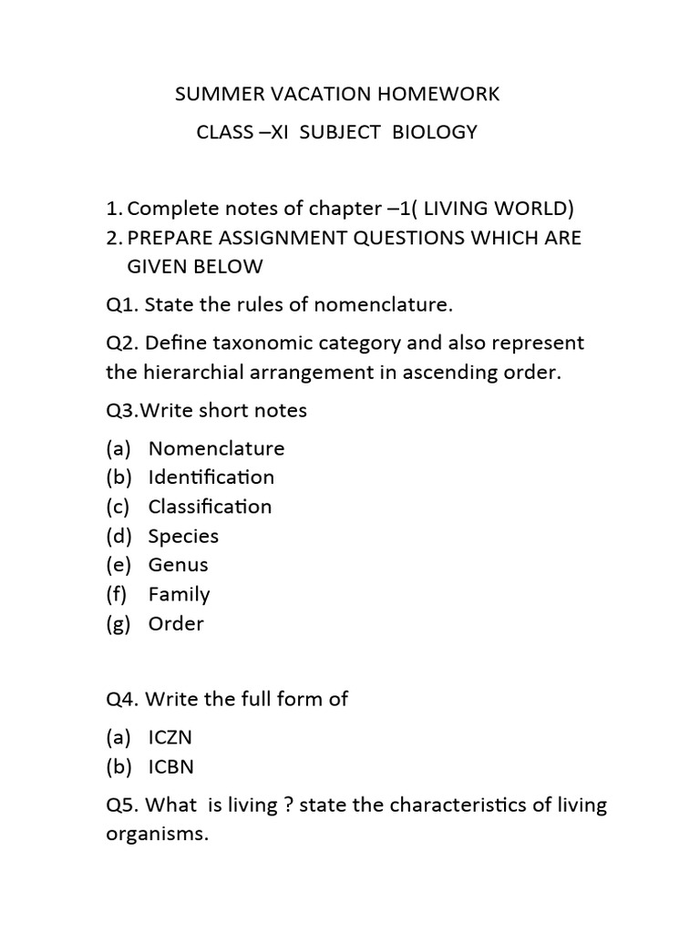 Class 11th Biology (Summer Vacation Homework and Assignment Question) | PDF