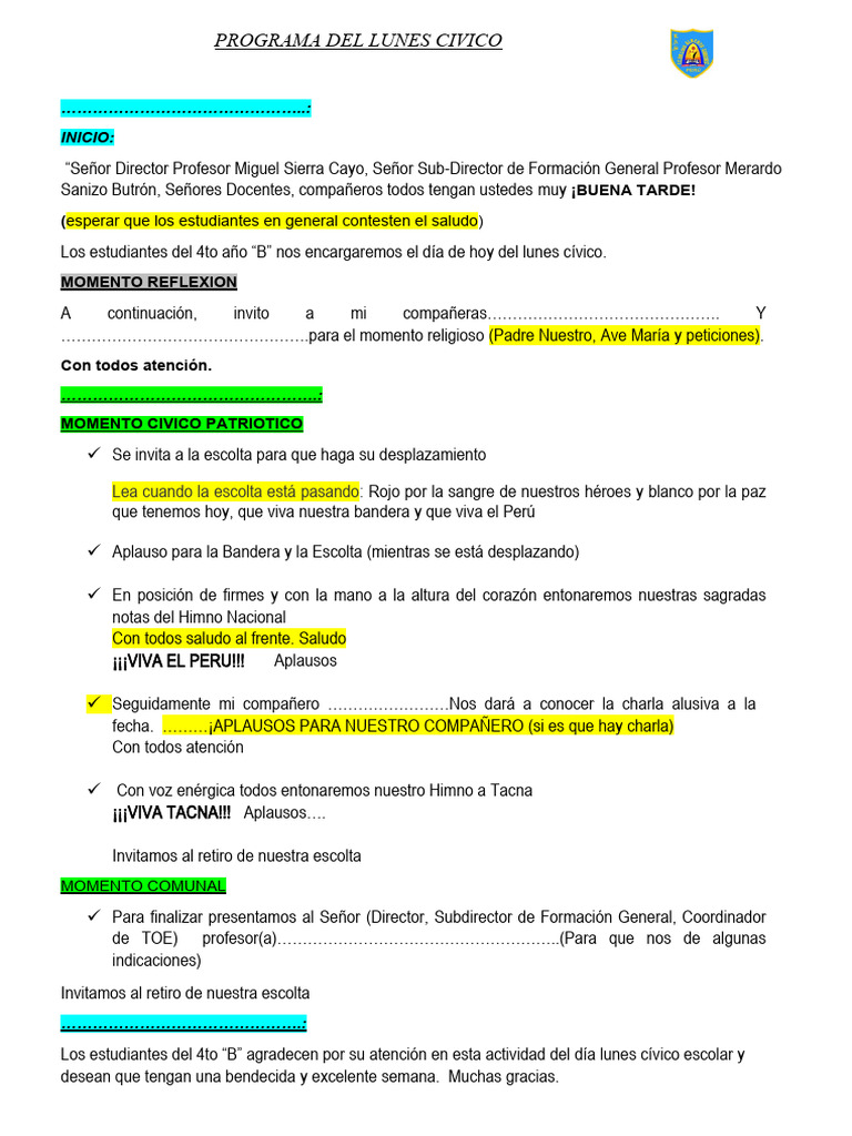 Programa del Lunes Cívico Escolar | PDF