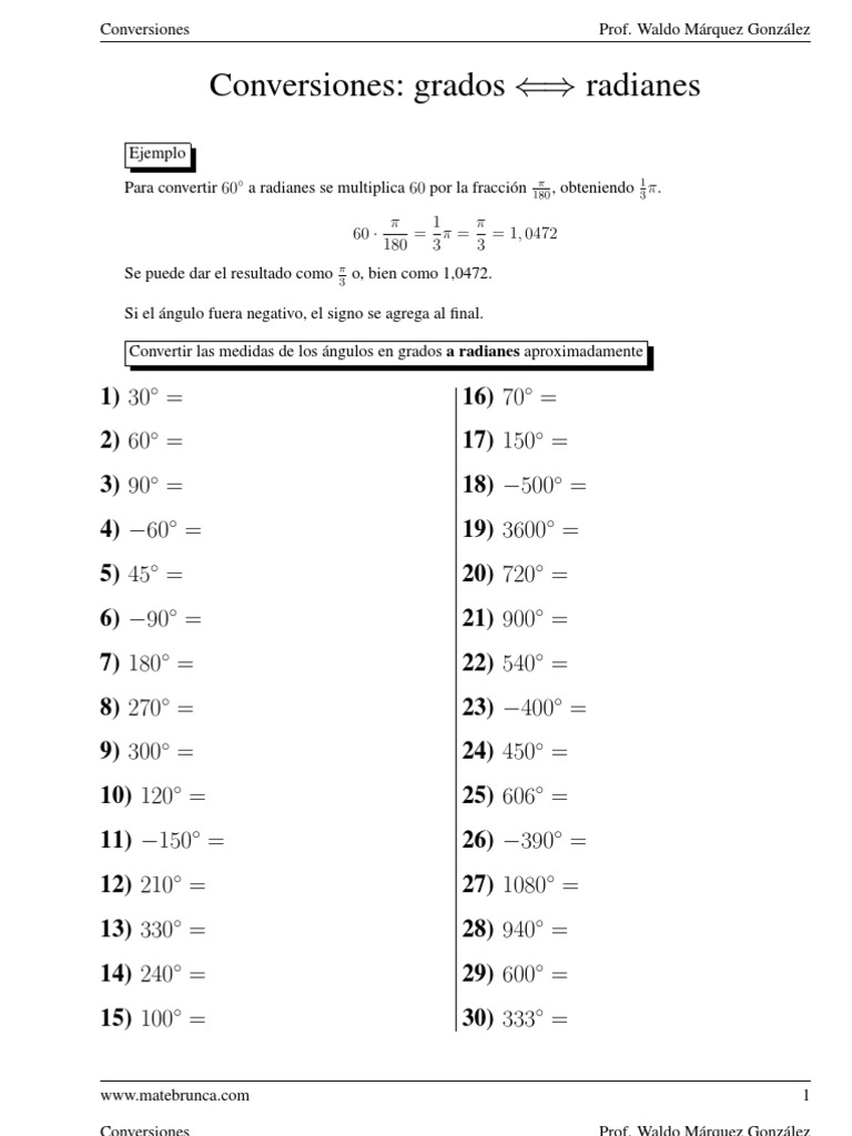 A - Conversion de Grados A Radianes | PDF | Ángulo | Trigonometría