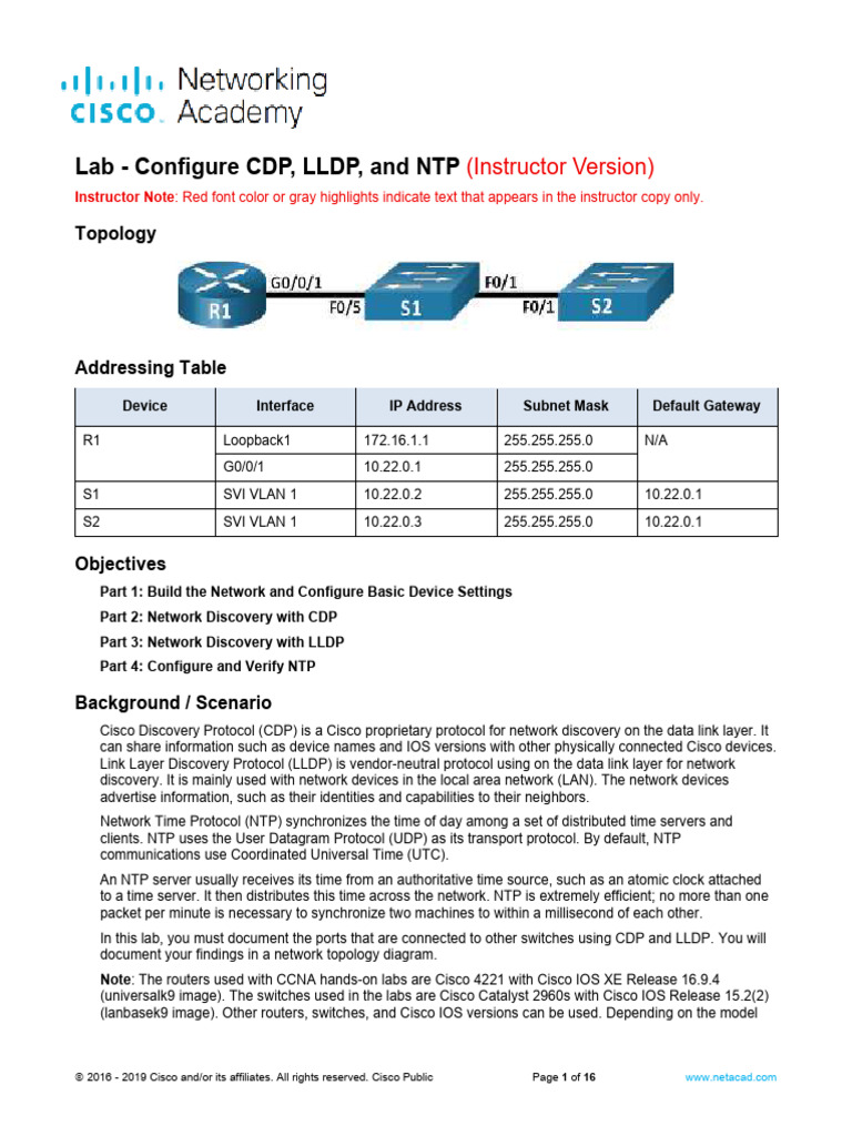 10.8.2 Lab - Configure CDP, LLDP, and NTP - ILM | PDF | Computer Network | Network Topology