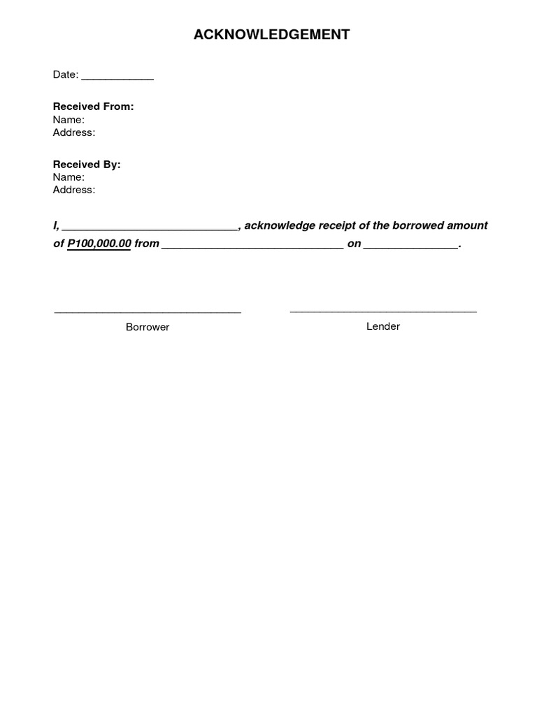 Acknowledgement Receipt for Borrowed Money | PDF