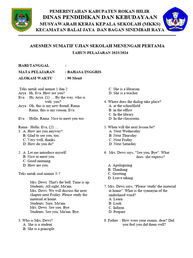 Soal Asesmen Sumatif B. Ingg Ujian Sekolah Kelas Ix T.A 2023-2024 Genap | PDF
