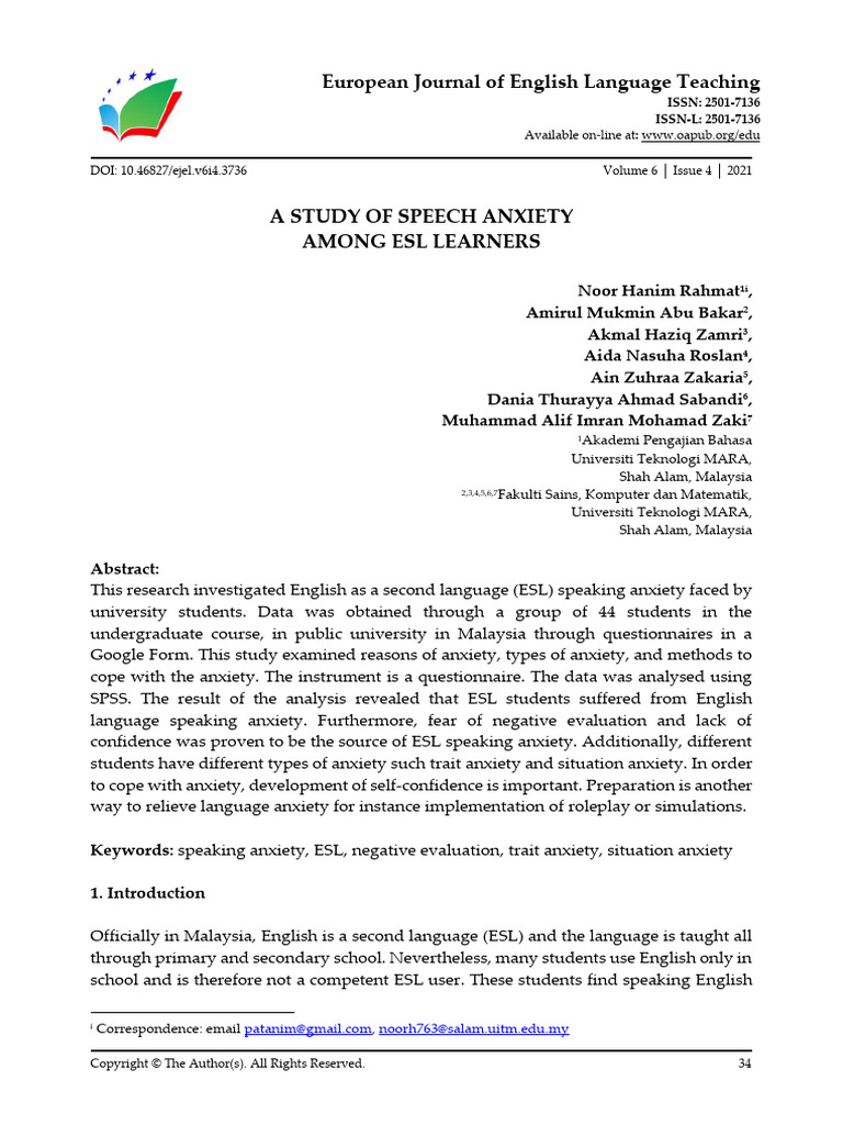 A Study of Speech Anxiety of Esl Learner | PDF | Creative Commons ...