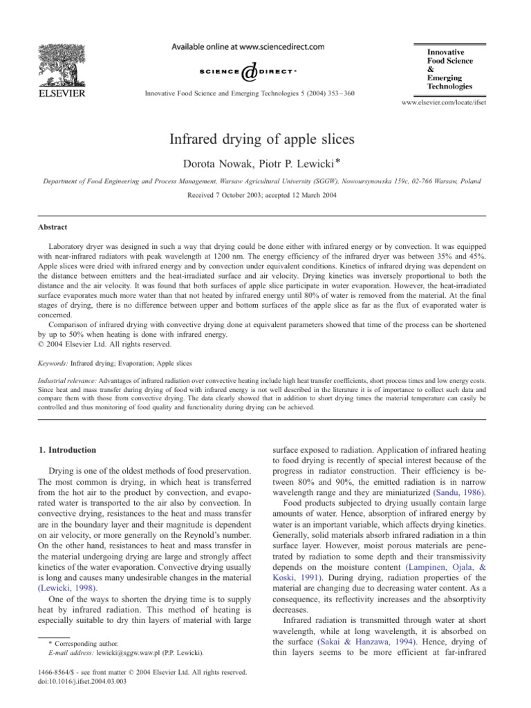 Infrared Drying of Apple Slices Analysis | PDF | Infrared | Heat Transfer