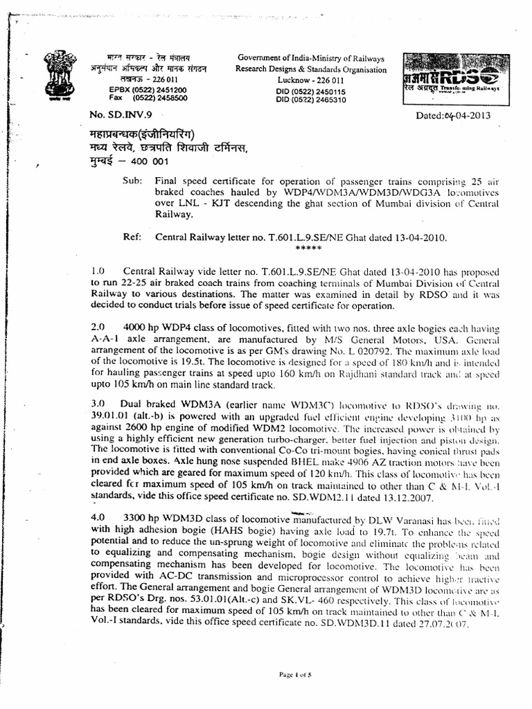 WDP4 WDM3A WDM3 DWDG3A Final Speed Certificate For Operation of Pass ...