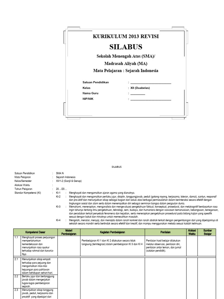 Silabus Sejarah Indonesia Kelas 12 (6 Kolom) | PDF | Politik | Ilmu Sosial