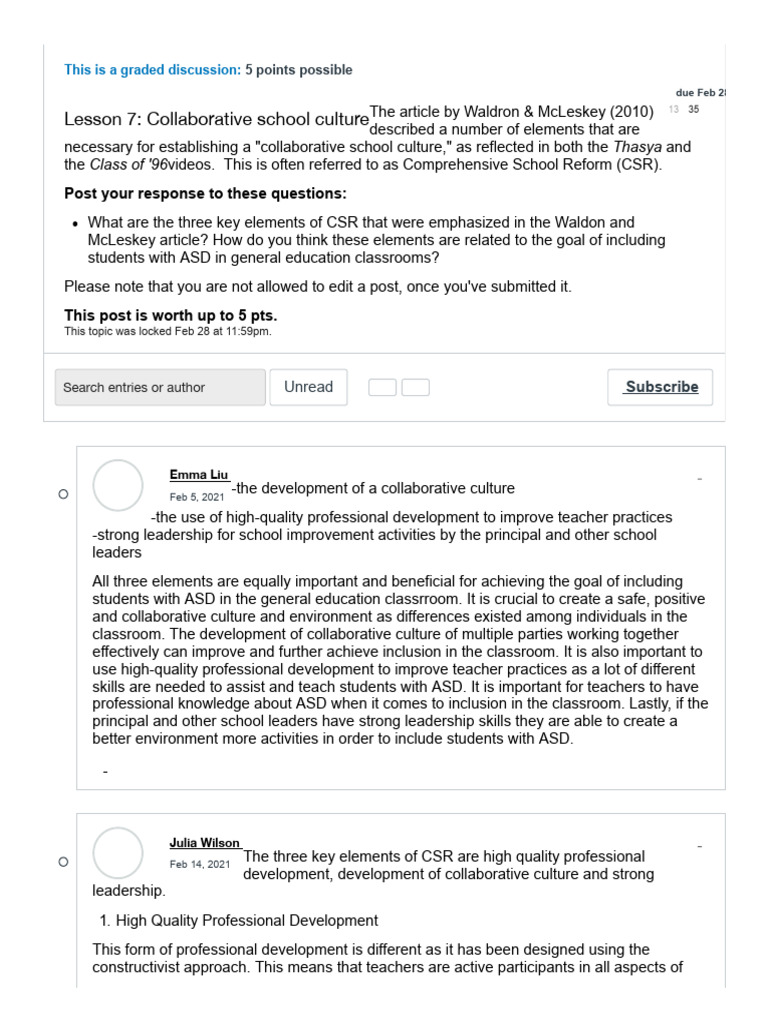 Lesson 7 Discussion Collaborative School Culture PDF | PDF | Inclusion ...