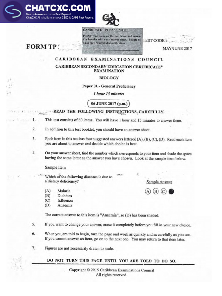 CSEC Biology P1 2017 | PDF