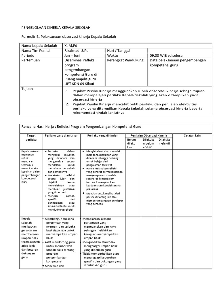 Formulir B Observasi Praktek Kinerja Kepala Sekolah | PDF