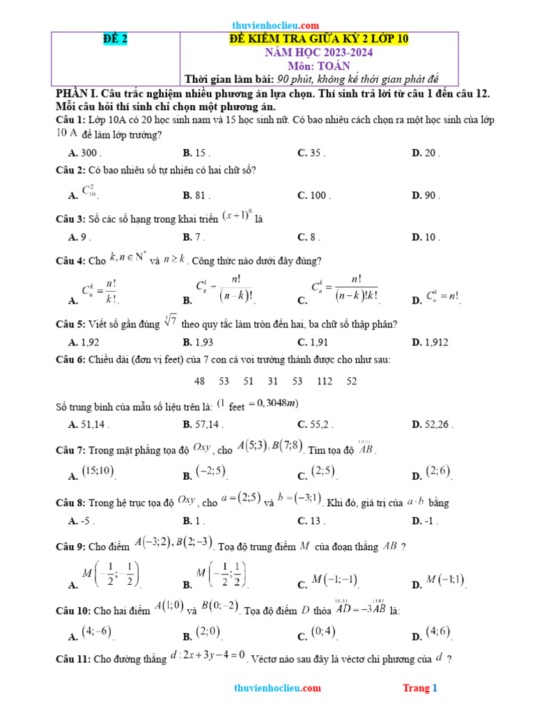 De Kiem Tra Giua HK2 Toan 10 Canh Dieu de 2 Hay | PDF