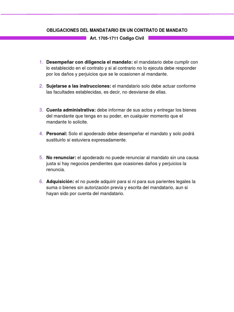 OBLIGACIONES DEL MANDATARIO EN UN CONTRATO DE MANDATO | PDF