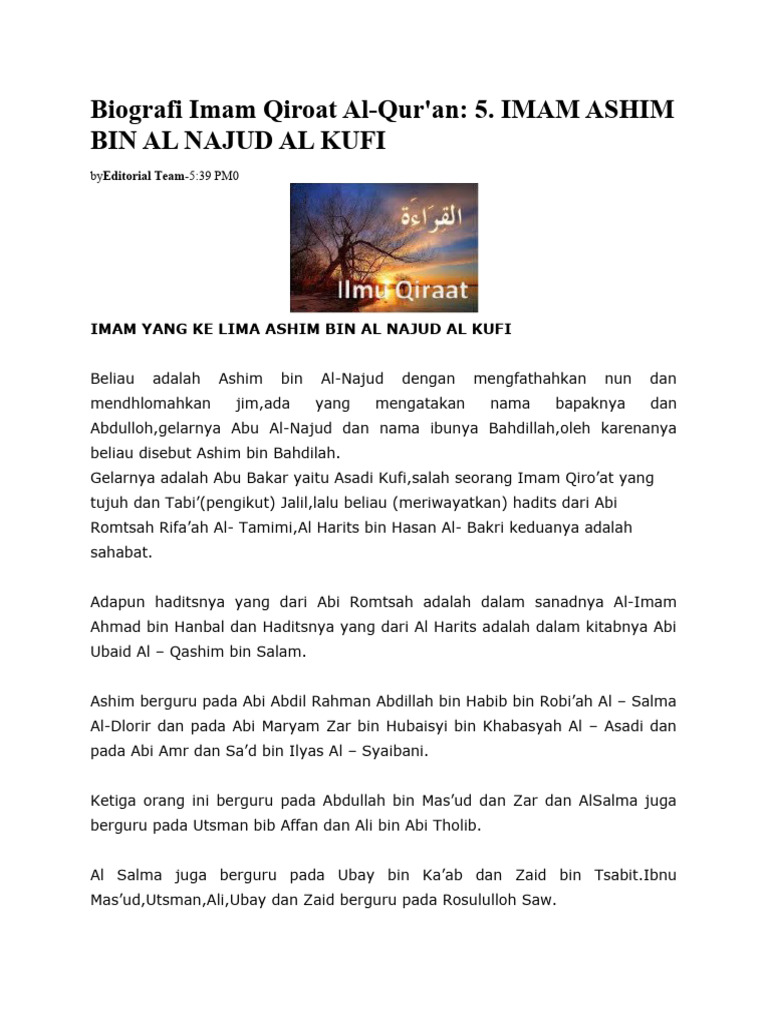 Biografi Imam Ashim bin Al Najud | PDF | Sejarah | Agama & Spiritualitas