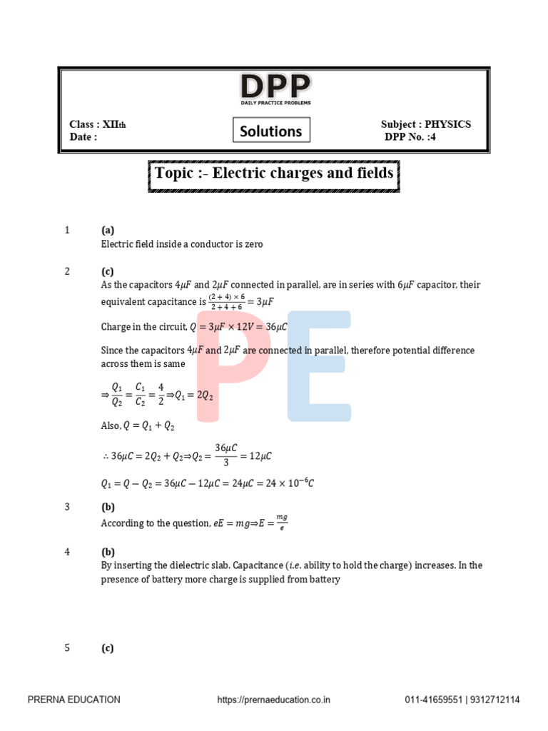Electric Charges and Fields DPP 4 SOLUTION | PDF | Capacitance | Capacitor