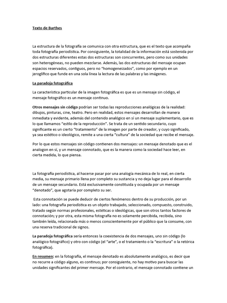 Clase 2 - Barthes - El MSJ Fotográfico | PDF | Connotación | Analogía