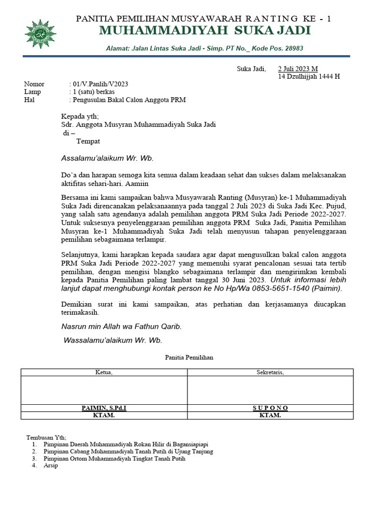 Surat Panlih Musyran Ke-1 Muhammadiyah Suka Jadi | PDF