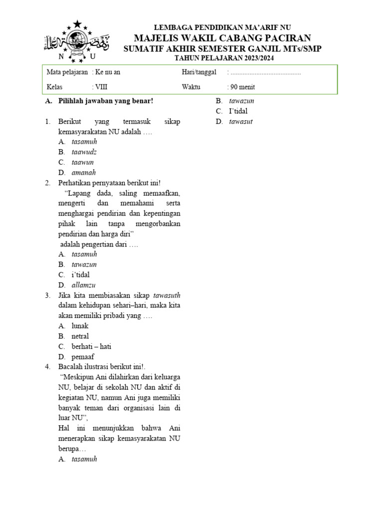 Soal Aswaja 8 Genap 2024 | PDF