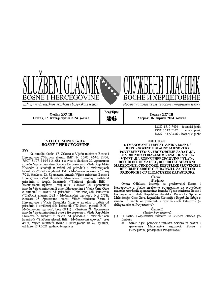Službeni Glasnik BiH (Godina 28, Broj 26 16.4.2024) | PDF