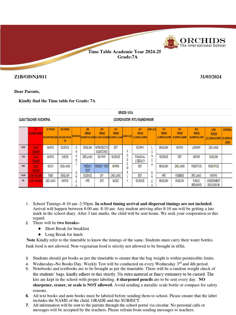 Cir 11 Time Table Grade 7A | PDF