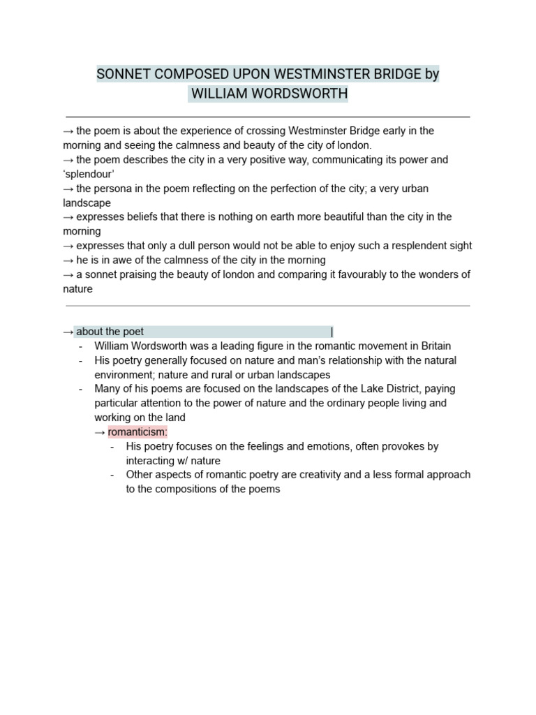 SONNET COMPOSED UPON WESTMINSTER BRIDGE by | PDF | Poetry | Romanticism