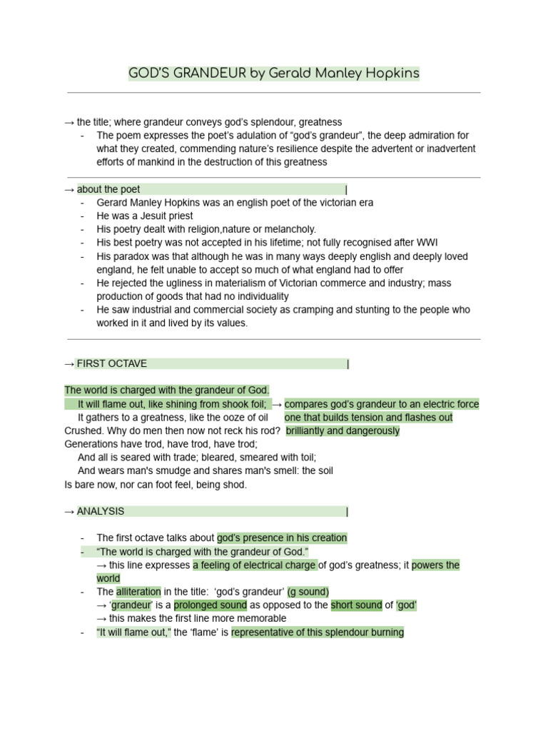 GOD'S GRANDEUR by Gerald Hopkins | PDF | Metre (Poetry) | Poetics