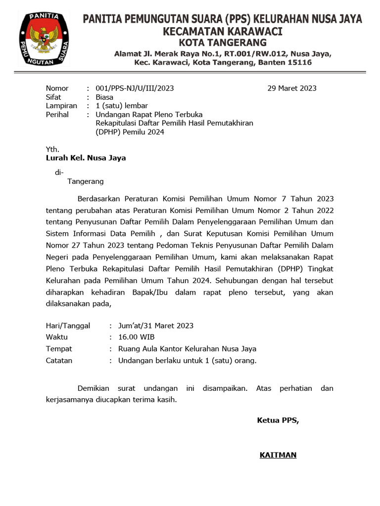 Undangan Rapat Pleno DPHP Pemilu 2024 | PDF