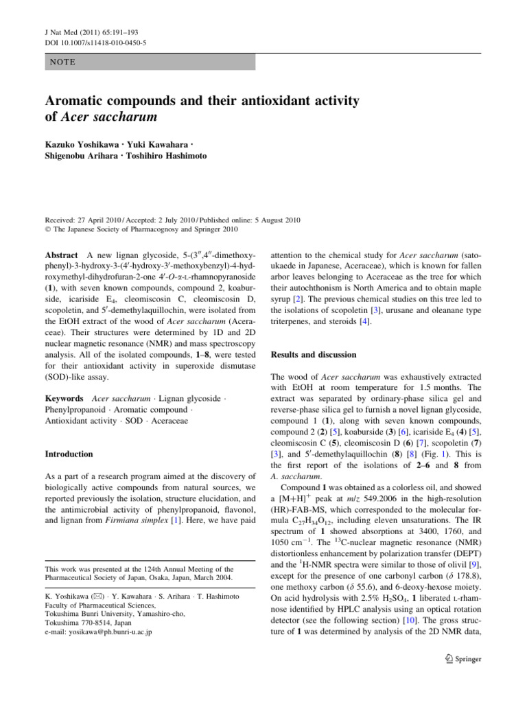 Aromatic Compounds and Their Antioxidant Activity of Acer Saccharum ...