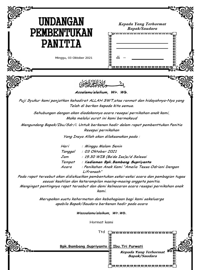 Undangan Rapat Panitia Resepsi Pernikahan | PDF